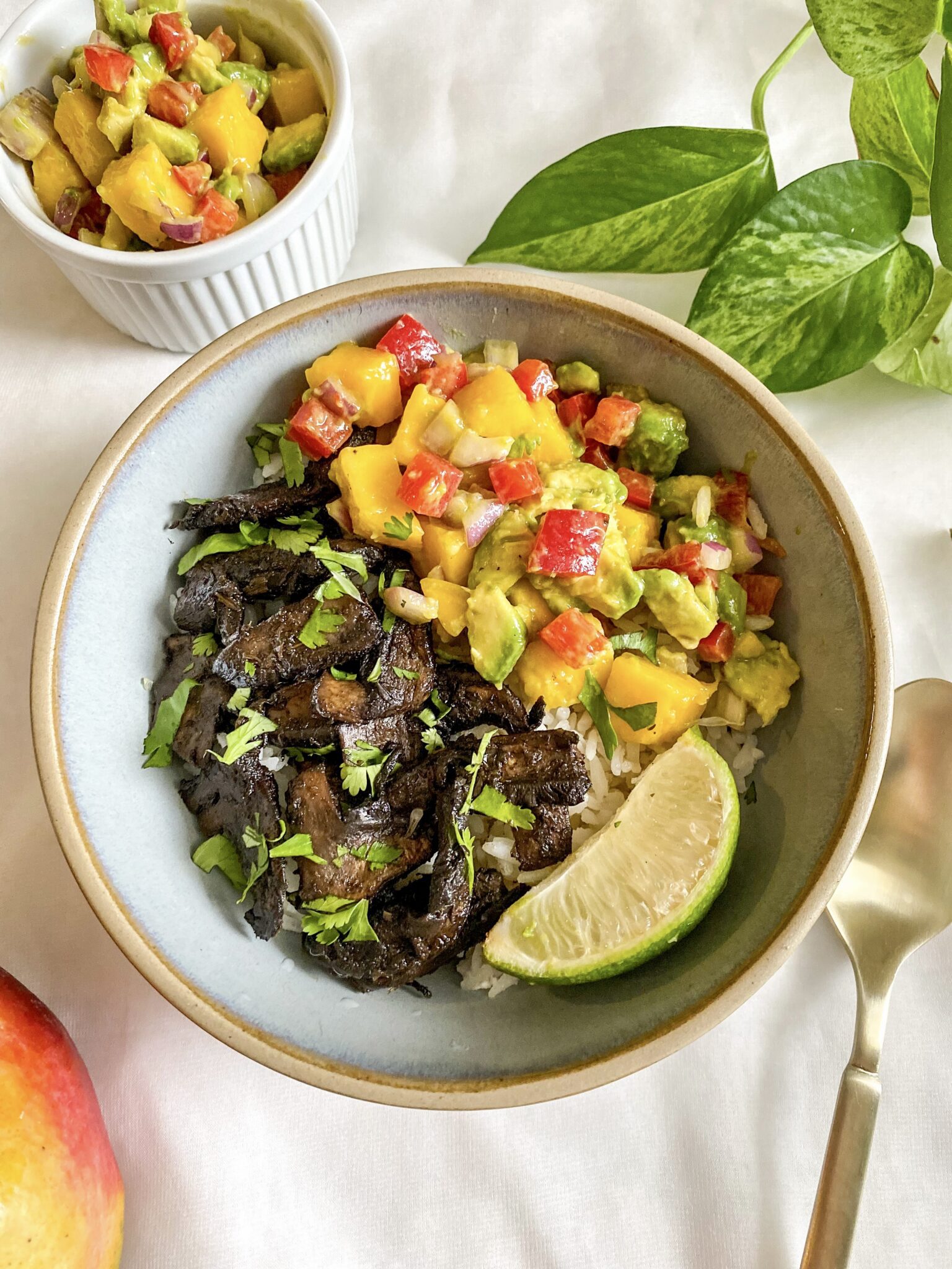 Jerk Mushrooms with Mango Salsa and Coconut Rice • Consciously Vegan